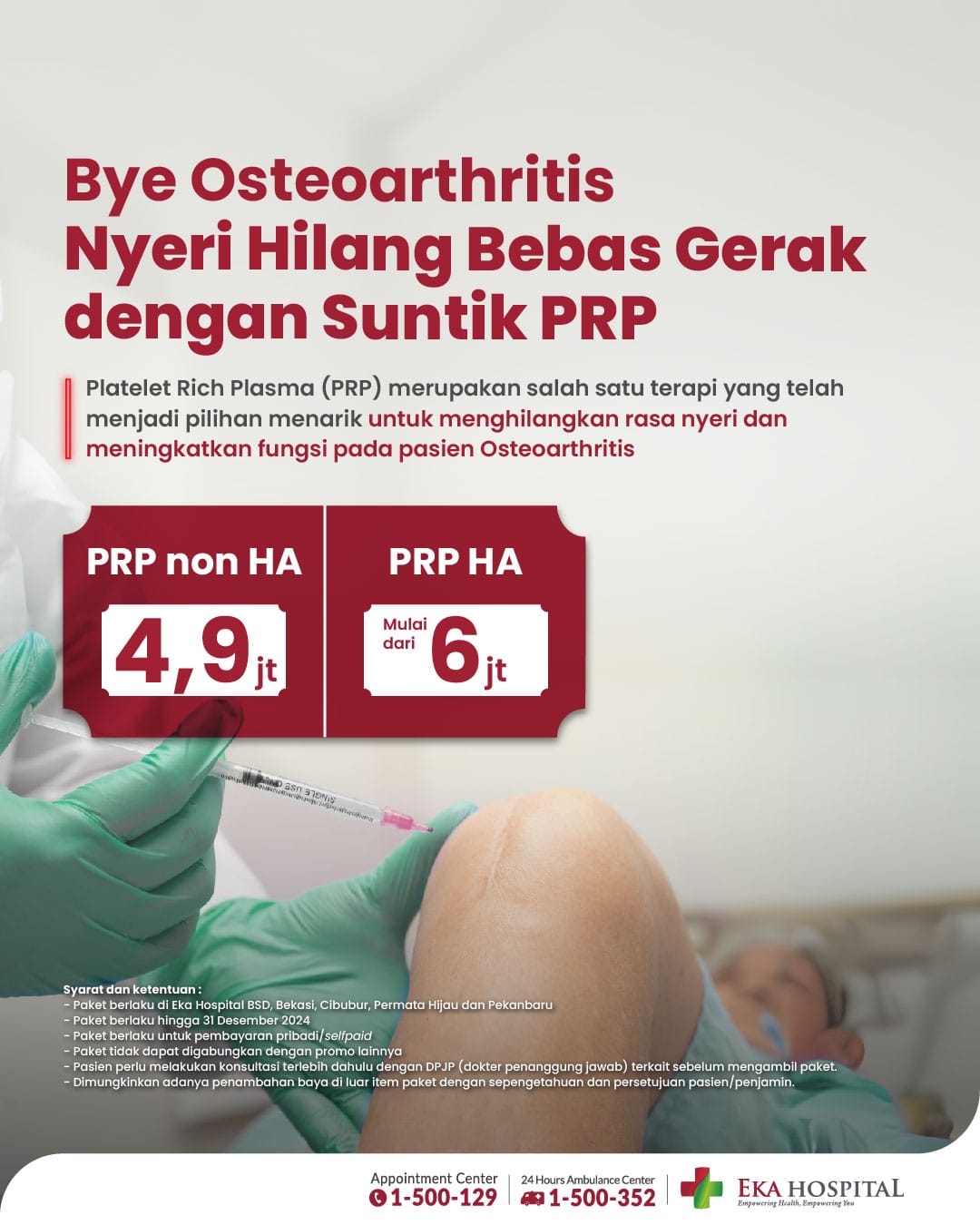 Paket Treatment Pereda Nyeri Lutut Sendi dengan Injeksi PRP di Eka Hospital